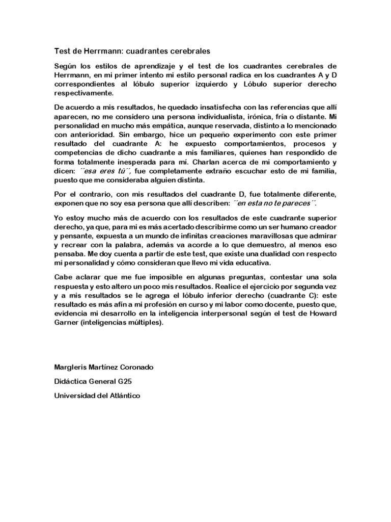 Test de Dominancia Cerebral de Herrmann | PDF | Ciencia cognitiva ...