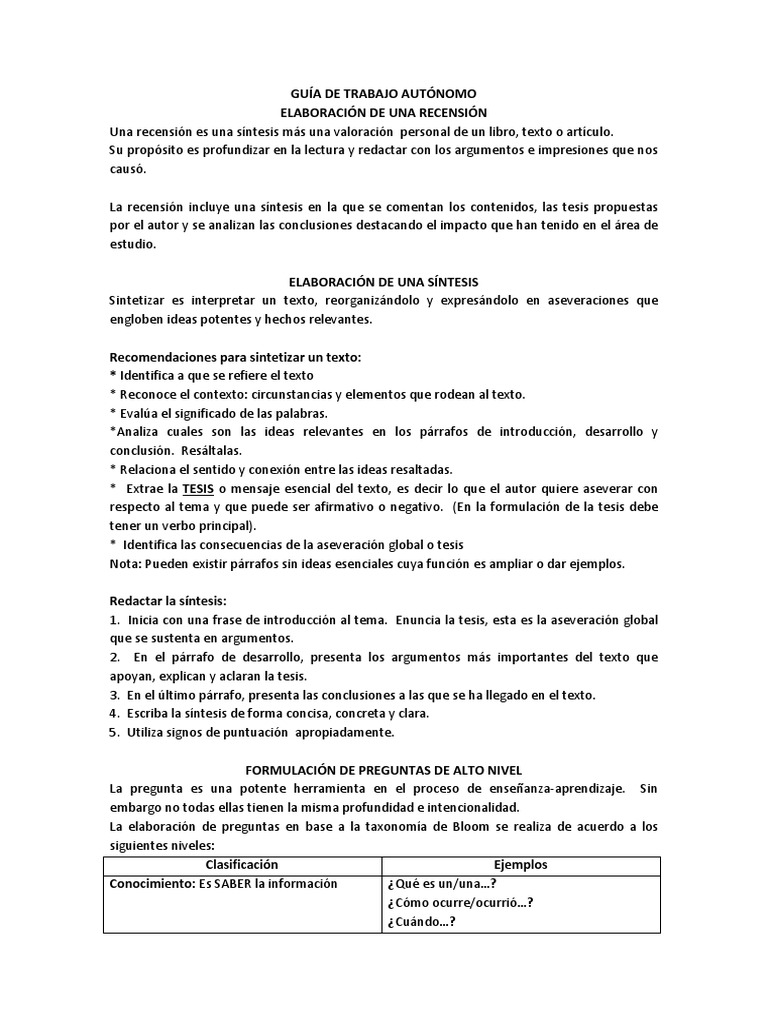 Guia de Trabajo de Recensión | PDF | Conocimiento | Ciencia cognitiva