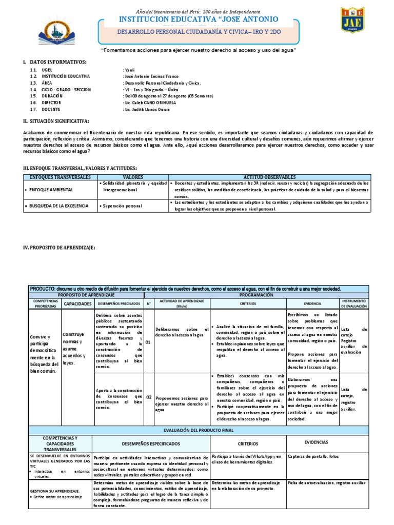DPCC 1 y 2 Experiencia de Aprendizaje V | PDF | Evaluación | Aprendizaje