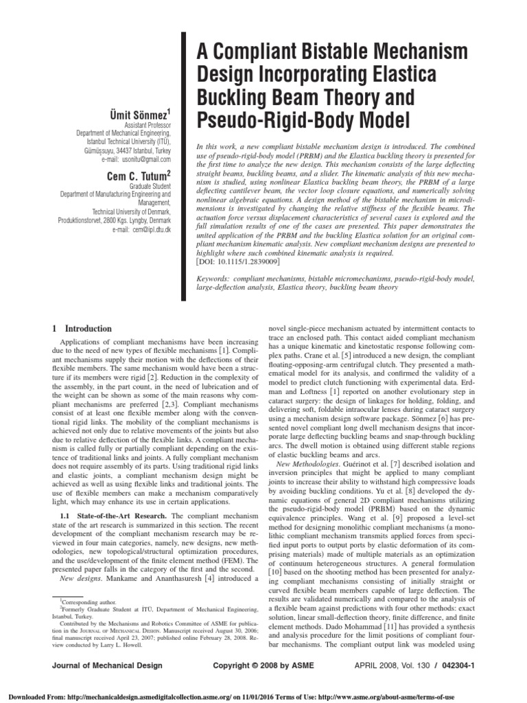 A Compliant Bistable Mechanism Design Incorporating Elastica Buckling ...