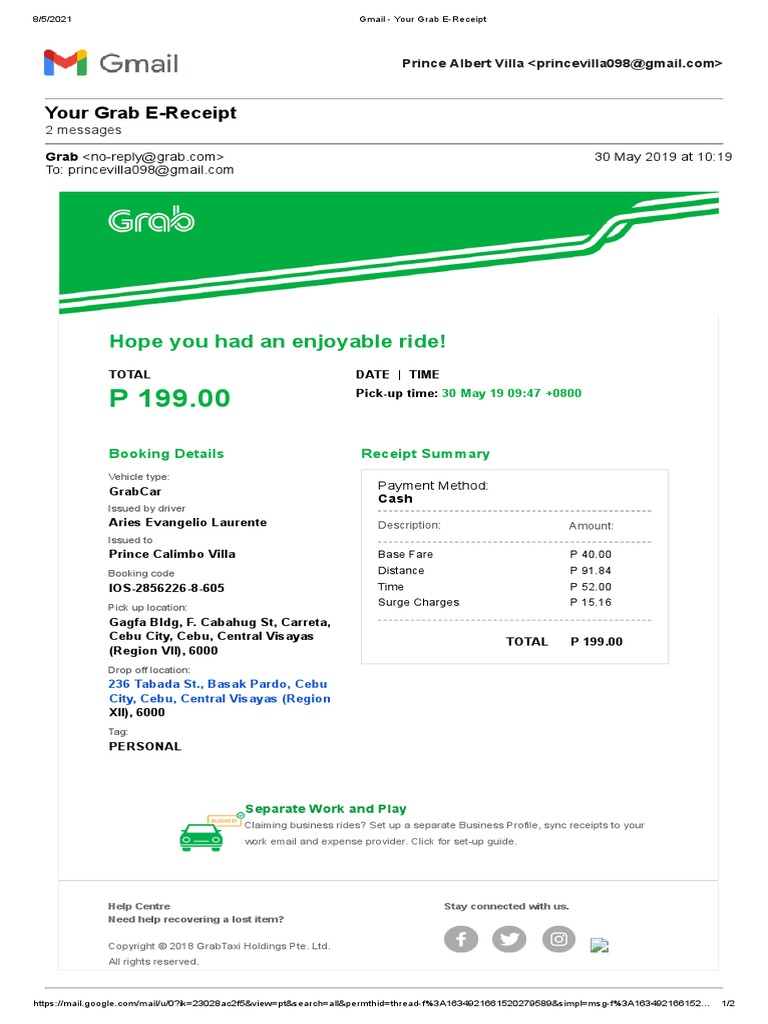 Gmail - Your Grab E-Receipt-print2 | PDF | Service Industries