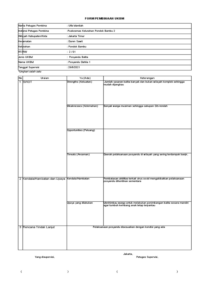 Checklist Supervisi Dan Form Pembinaan UKBM | PDF