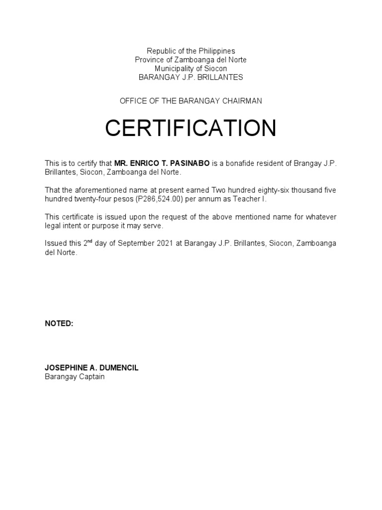 Barangay Certification for Employment | PDF