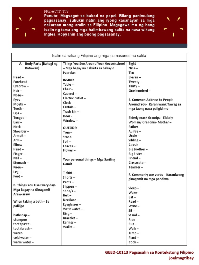 Isalin Sa Wikang Filipino Ang Mga Sumusunod Na Salita: Pre-Activity | PDF