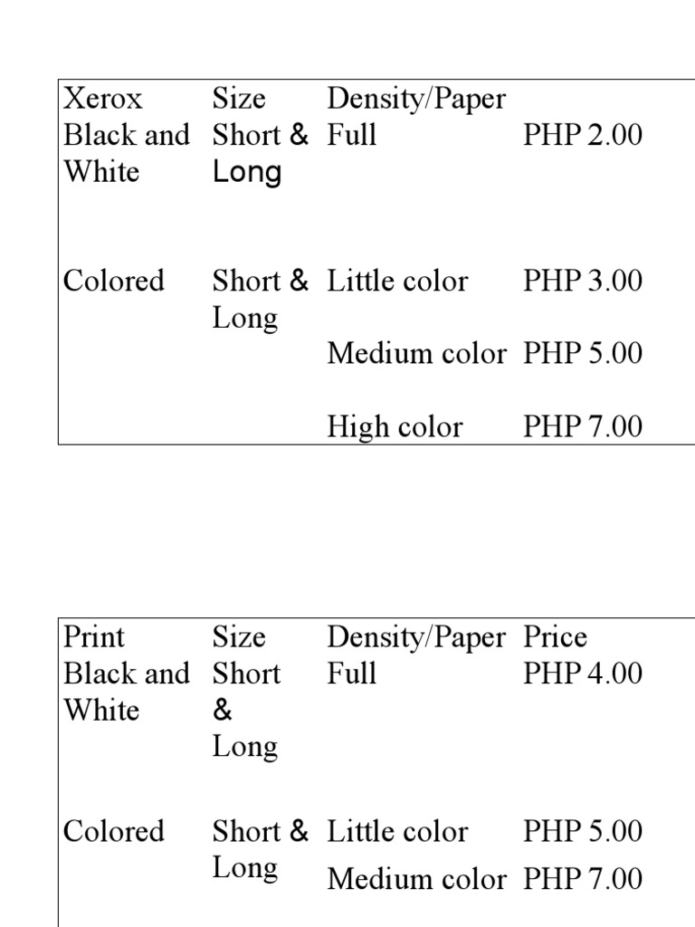 Print and Xerox Prices | PDF