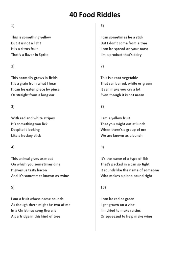 40 Food Riddles For Kids | PDF | Fruit | Candy