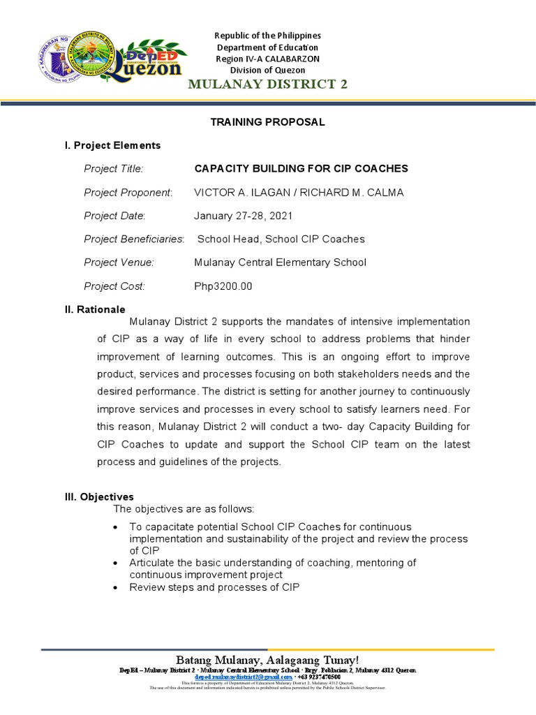 Mulanay District 2: Training Proposal I. Project Elements Capacity ...