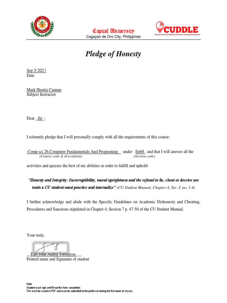 Pledge of Honesty Comp Sci 2b, En68 | PDF