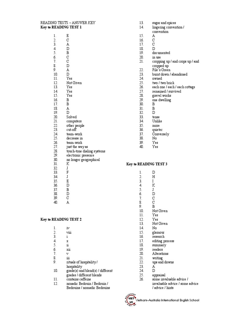IELTS Reading Tests - ANSWER KEY | PDF | String Instruments