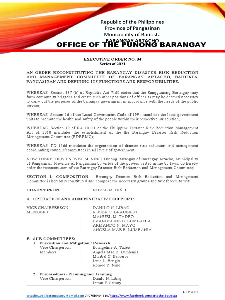 Executive Order No. 4, 2021 BDRRMC | PDF | Emergency Evacuation | Emergency