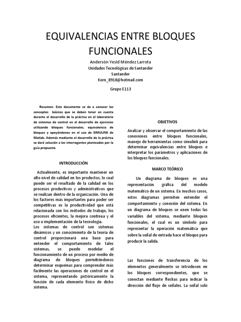Equivalencia de bloques funcionales mediante funciones de transferencia | PDF | Sistema de ...