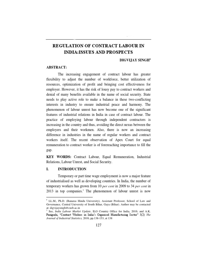 Regulation Of Contract Labour In India Pdf Employment Labour Law