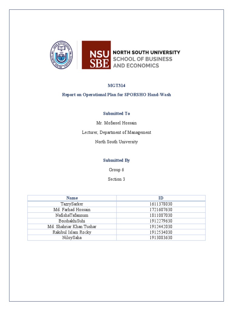 SPORSHO Hand-Wash Operational Plan Report | PDF | Forecasting | Inventory