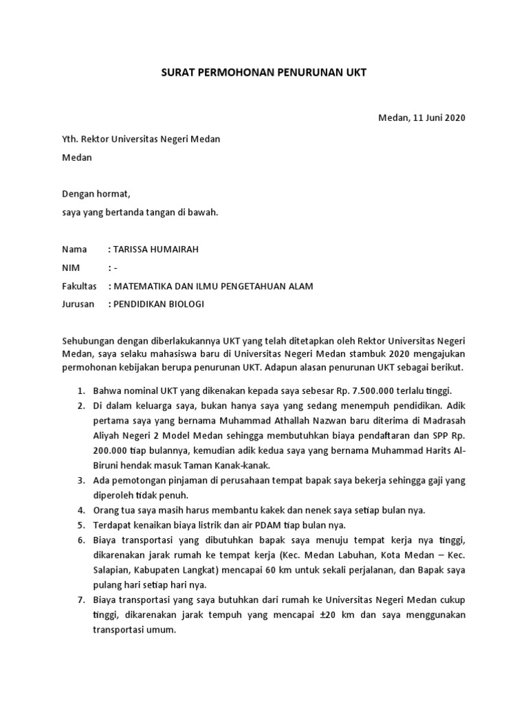 Surat Permohonan Penurunan Ukt | PDF