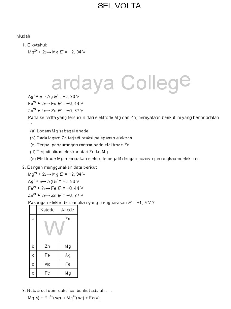 Salinan Dari Latihan-Sel-Volta-1 - Soal | PDF | Sains & Matematika