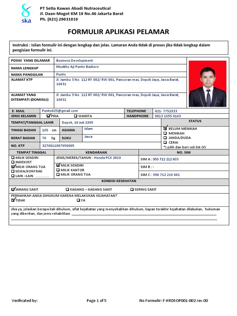 Formulir Aplikasi Pelamar | PDF