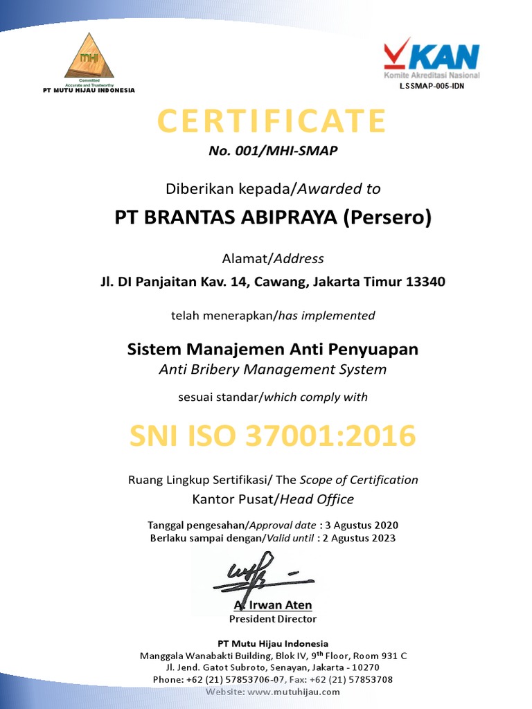 Sertifikat SMAP SNI ISO 37001 - 2016 PT Brantas Abipraya (Persero) | PDF | Karier & Perkembangan ...