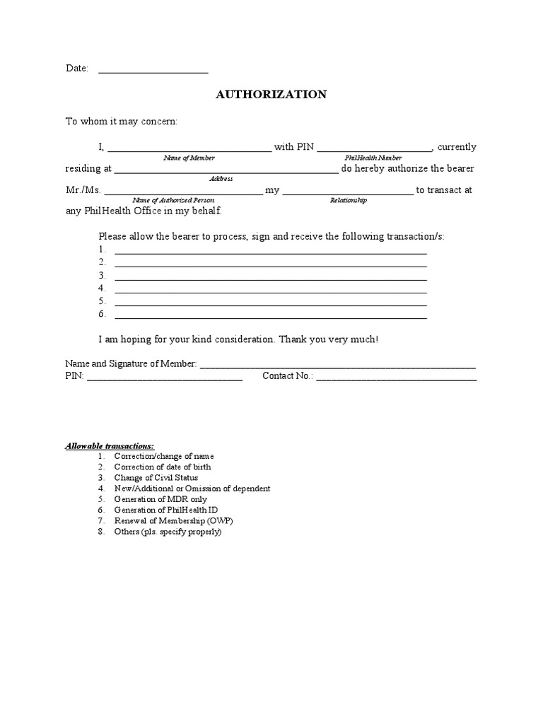 Authorization Letter Philhealth | PDF