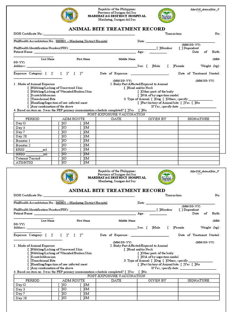 Animal Bite Treatment Record Form | PDF | Clinical Medicine | Animal ...