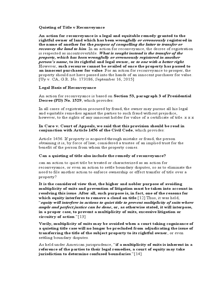 Quieting of Title V Reconveyance | PDF | Lawsuit | Equity (Law)