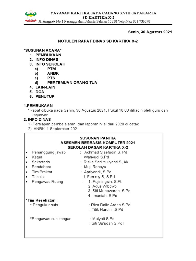Format Notulen Rapat Senin, 30 Agustus 2021 | PDF