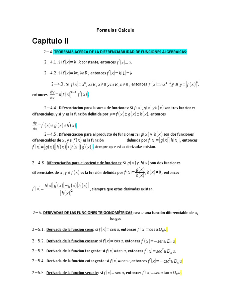 Formulas Calculo Semestral V1 | PDF | Integral | Derivado