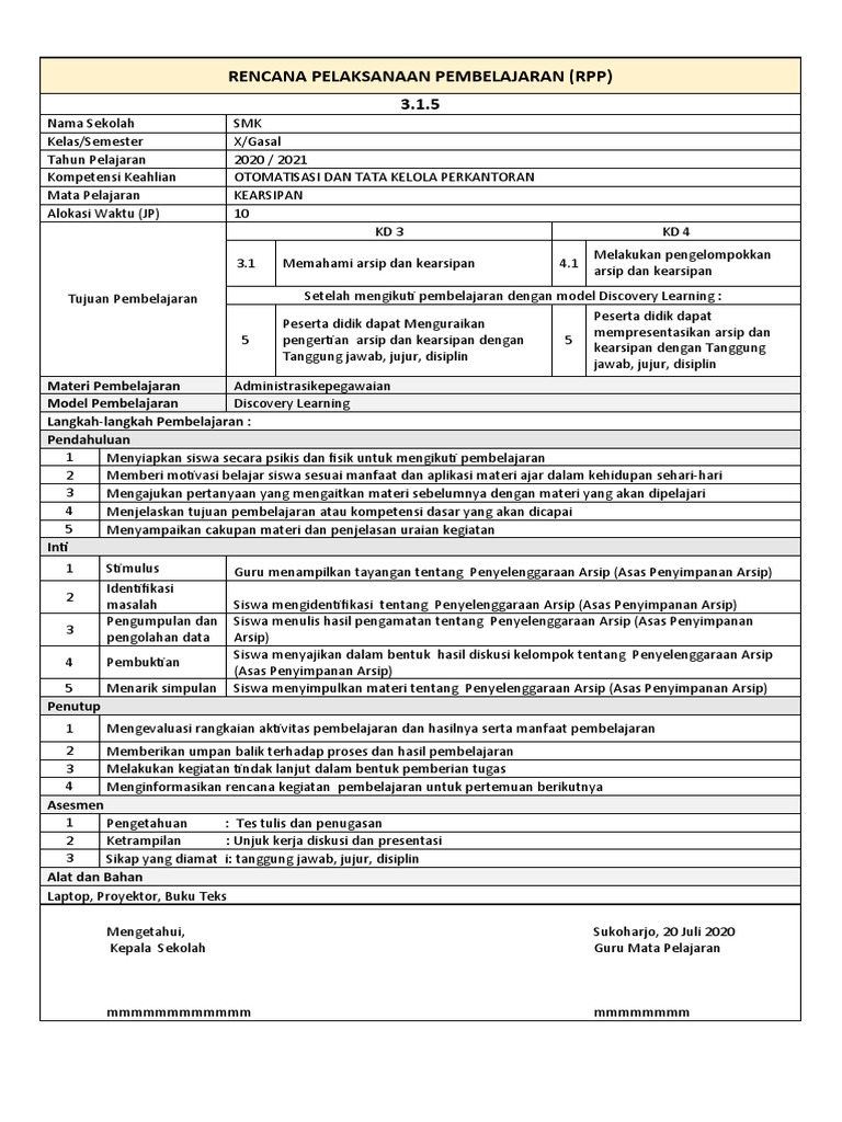 Contoh RPP 1 Lembar | PDF | Karier & Perkembangan