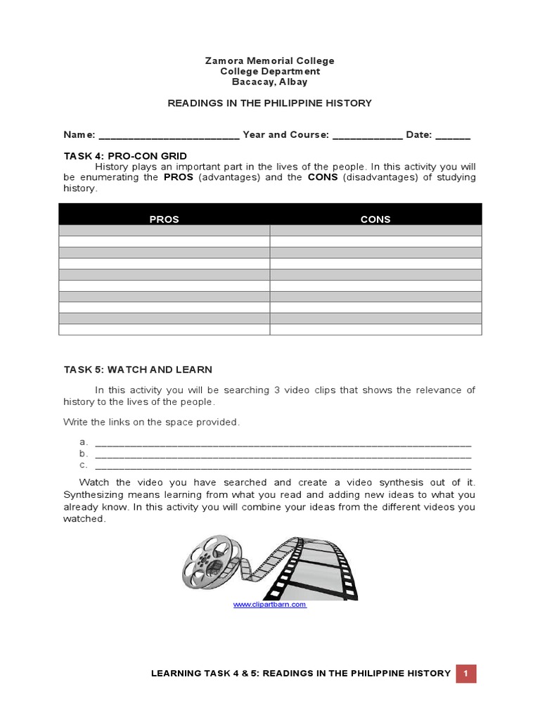 Task 4: Pro-Con Grid: Zamora Memorial College College Department ...