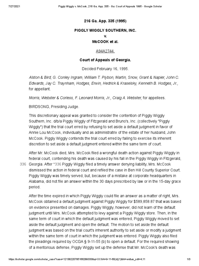 Piggly Wiggly v. McCook, 216 Ga. App. 335 - 1995 - Re - OCGA 9-11-60 Set Aside | PDF | Judgment ...