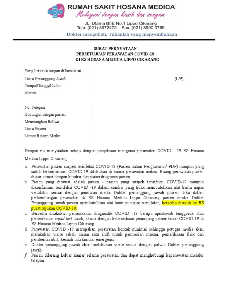 Surat Pernyataan COVID Rs Hosana | PDF
