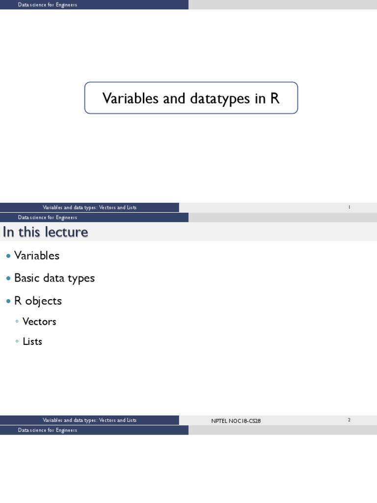 Lec3 - Variables and Datatypes - Vectors and Lists | PDF | Data Type | Array Data Structure