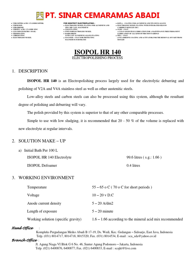 Isopol HR 140 (Electropolishing Process) | PDF | Applied And ...
