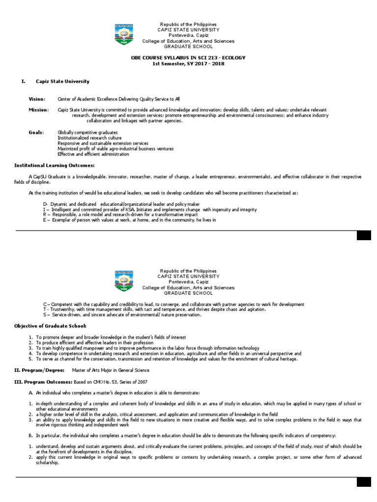 Obe Course Syllabus in Ecology | PDF | Food Web | Ecology