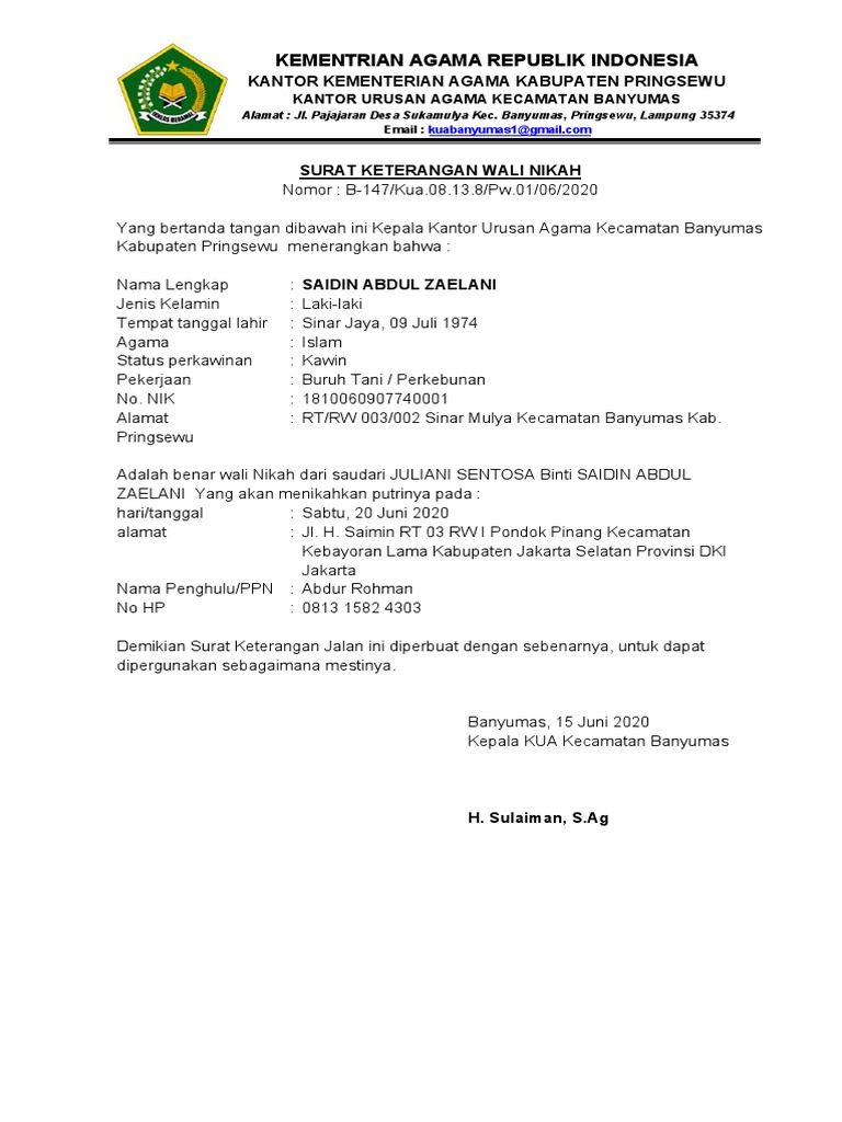 Contoh Surat Keterangan Wali NIkah | PDF