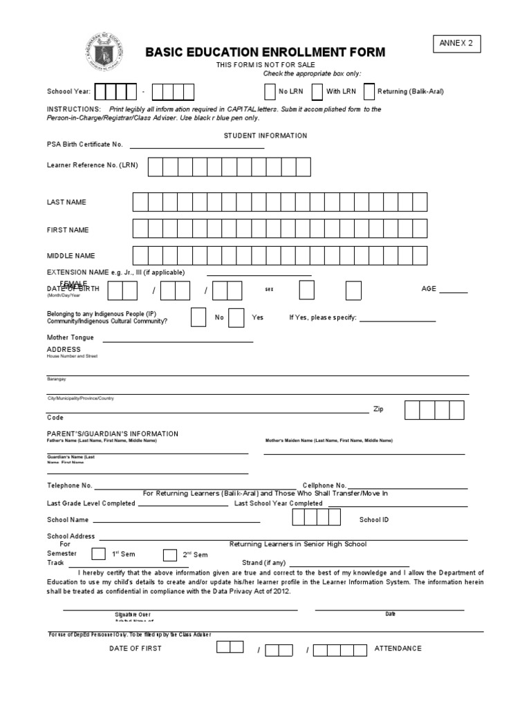Basic Education Enrollment Form 2024 | PDF