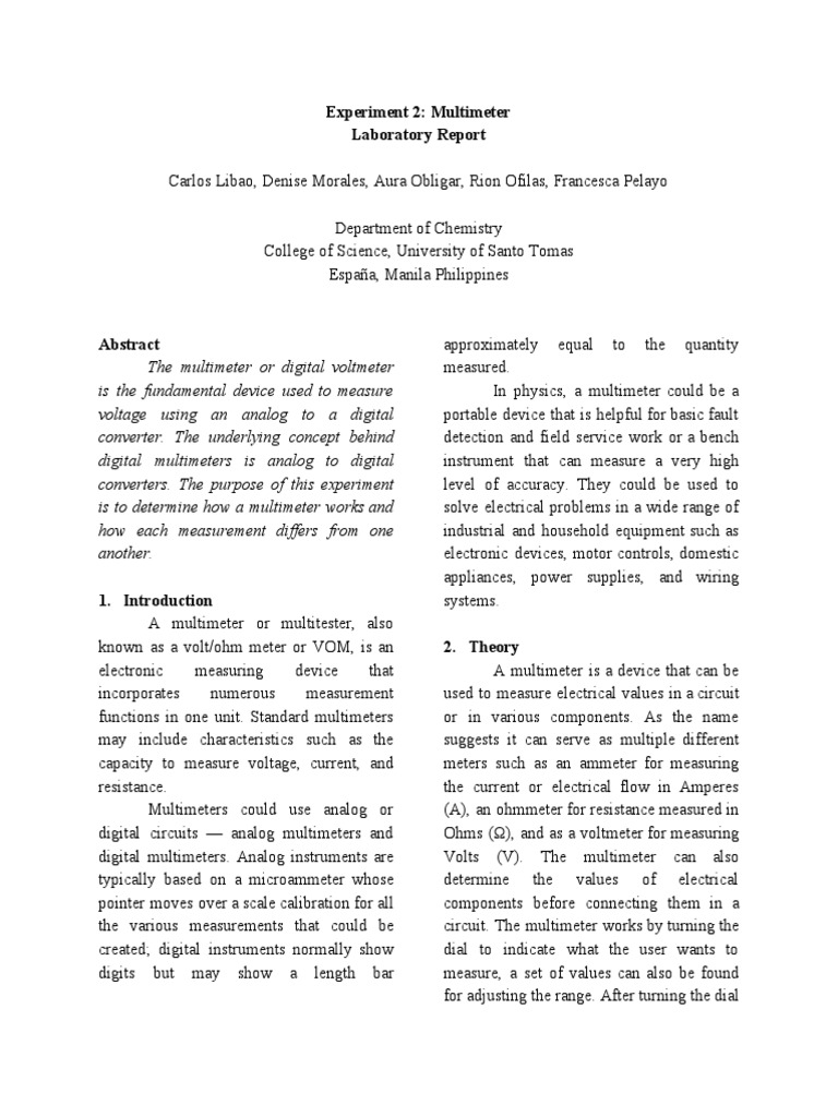 Experiment 2: Multimeter Laboratory Report | PDF | Metrology ...