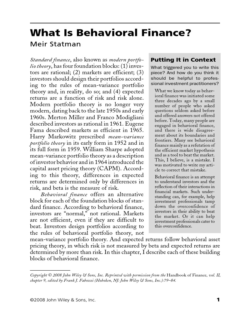 What Is Behavioral Finance?: Meir Statman | PDF | Modern Portfolio ...