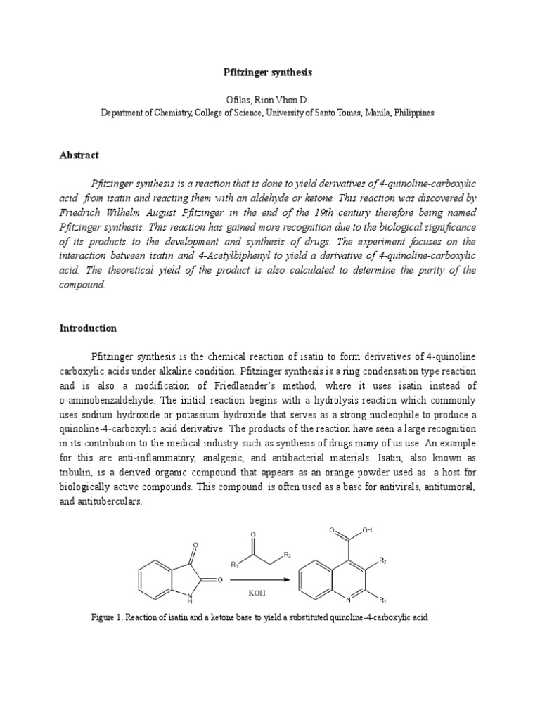 Pfitzinger Sythesis - Formal Report | PDF | Chemical Reactions | Hydrolysis