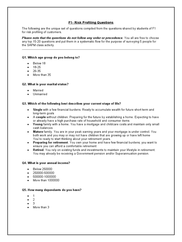 F1 - Risk Profiling Questions | PDF | Investing | Stocks