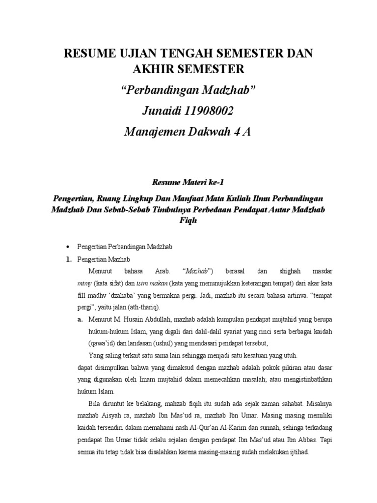 Junaidi - Resume UTS& UAS - Perbandingan Mazhab | PDF