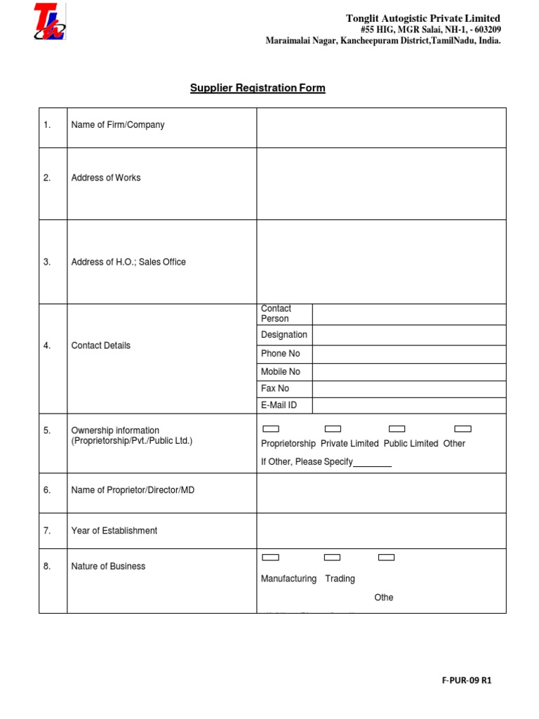 9.supplier Registration Form F PUR 09 - R 1 | PDF | Sole Proprietorship ...