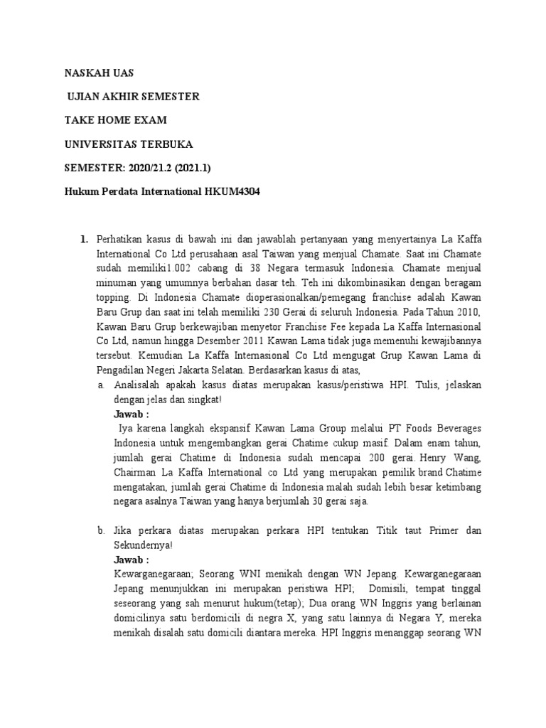 NASKAH UAS Hukum Perdata International HKUM4304 | PDF | Ilmu Sosial