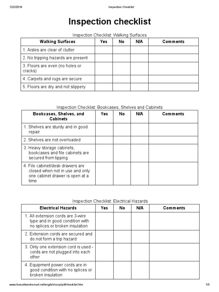 Inspection Checklist: Walking Surfaces Yes No N/A Comments | PDF ...