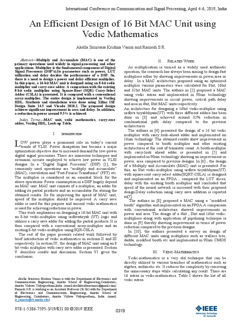 An Efficient Design of 16 Bit MAC Unit Using Vedic Mathematics | PDF | Field Programmable Gate ...