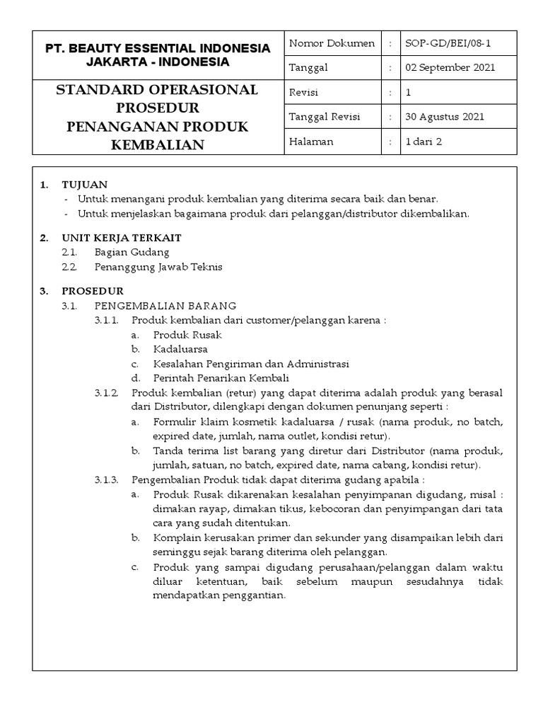 008 - SOP Penanganan Produk Kembalian (Revisi-OK) | PDF | Teknologi ...