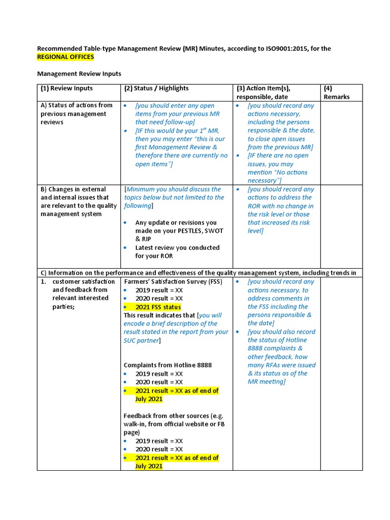 Recommended Table-Type Management Review Format - For NIA Regional ...
