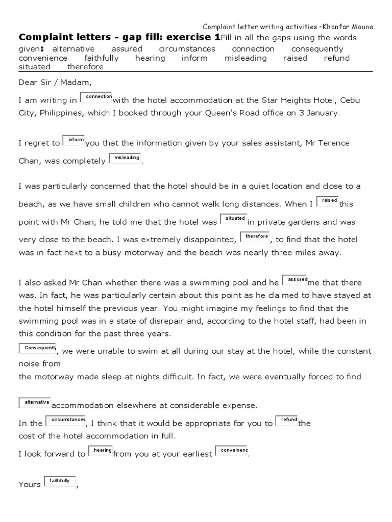 Complaint Letters - Gap Fill: Exercise 1:: Complaint Letter Writing ...