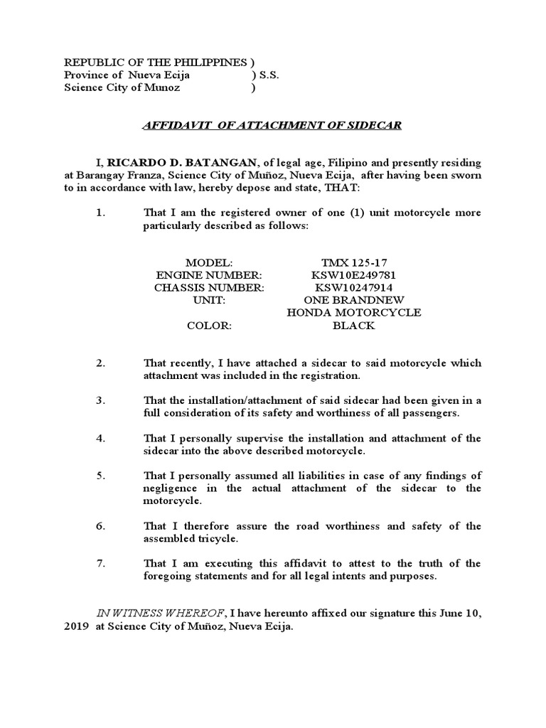 Affidavit of Attachment of Sidecar | PDF | Social Science