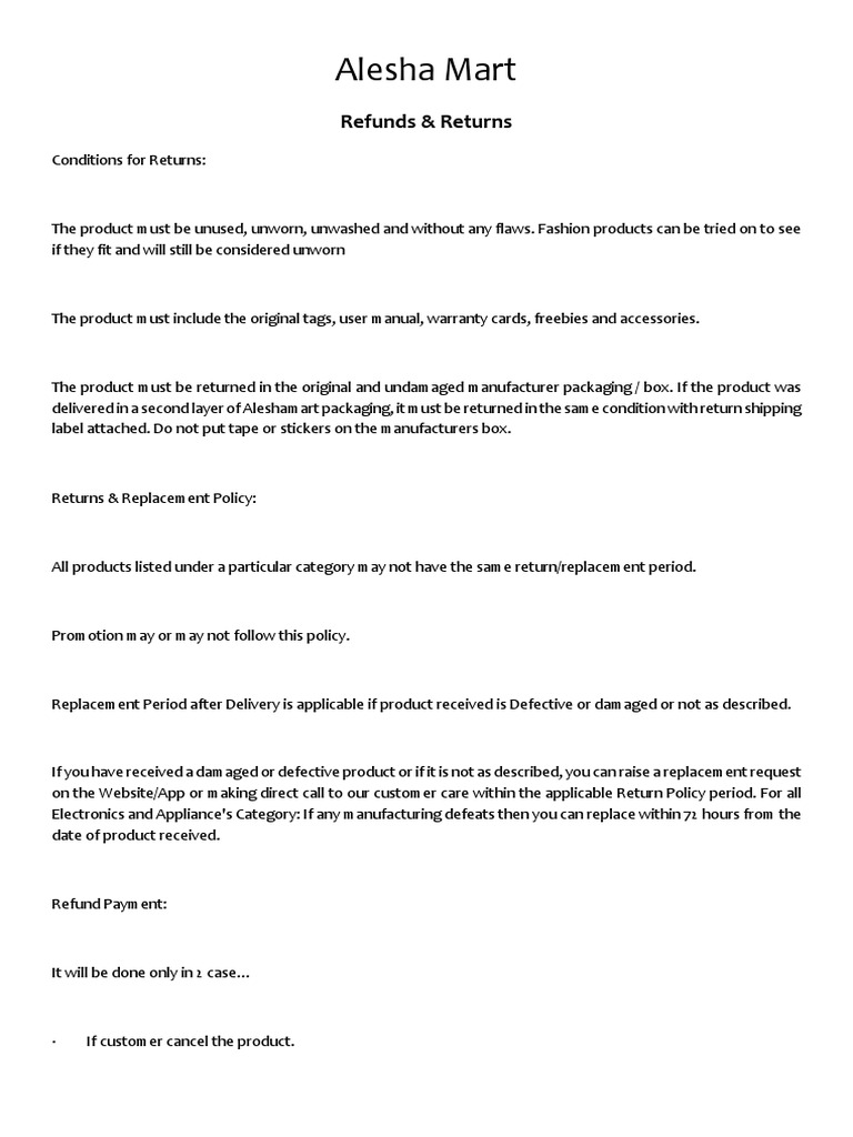 Alesha Mart: Refunds & Returns | PDF | Terms Of Service | Indemnity