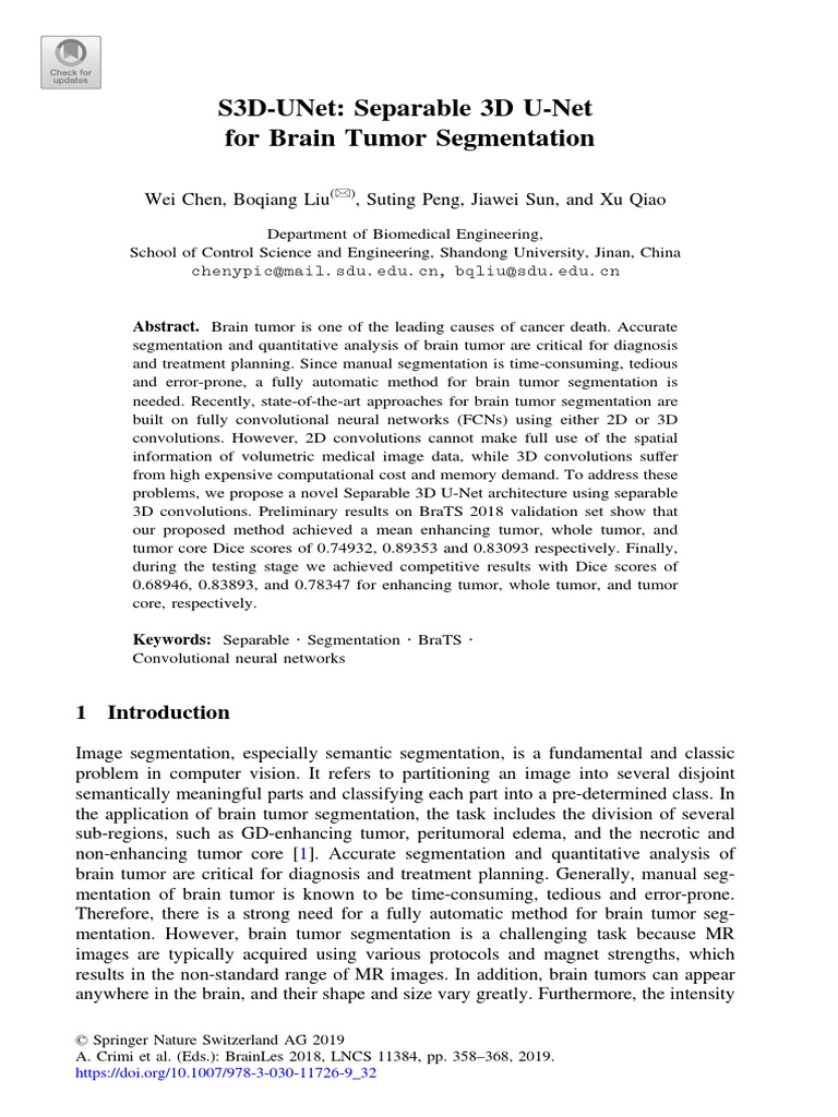 S3D-UNet Separable 3D U-Net For Brain Tumor Segmentation | PDF | Image ...